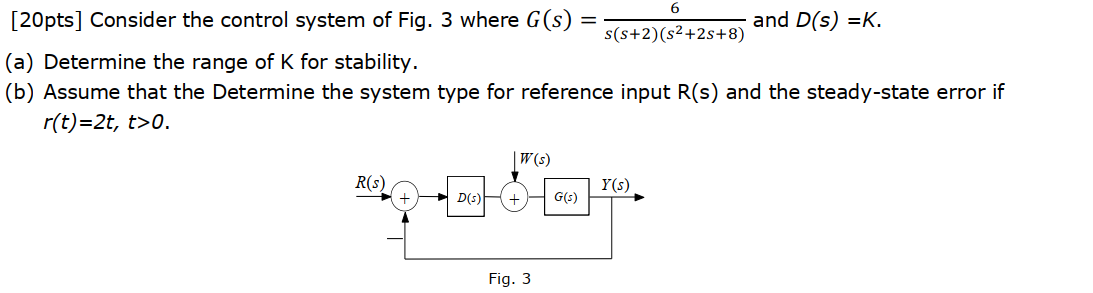 Solved [20pts] Consider the control system of Fig. 3 where | Chegg.com