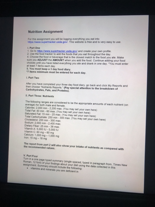 Nutrition Assignment For this assignment you will be | Chegg.com
