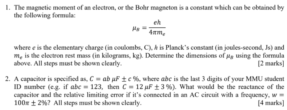 Solved 1. The magnetic moment of an electron, or the Bohr | Chegg.com
