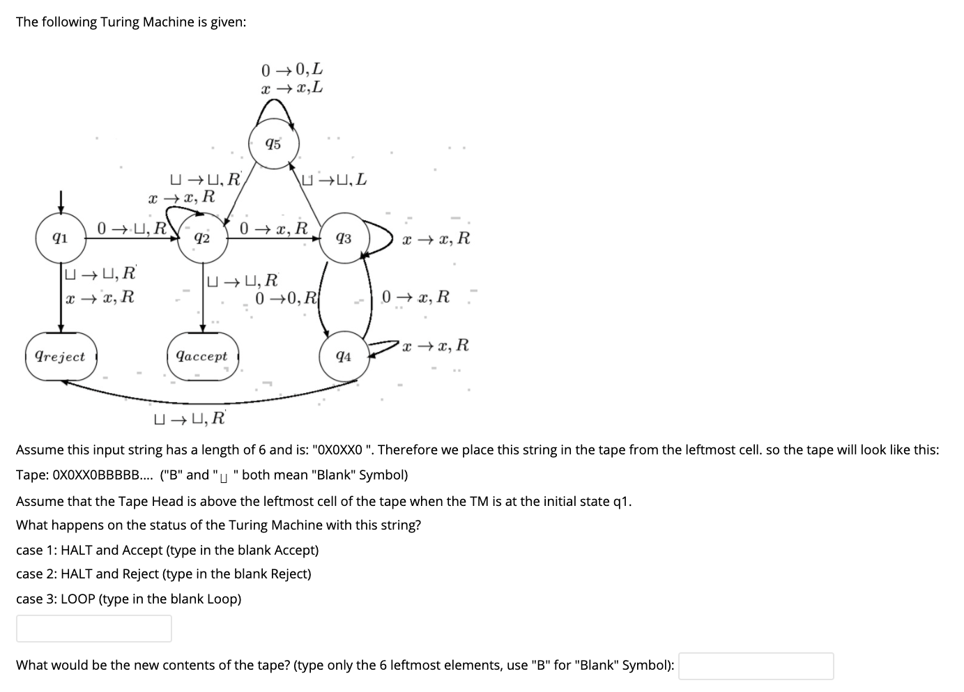 Solved The following Turing Machine is given: 0 +0,L x + x,L | Chegg.com