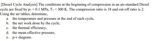 Solved [Diesel Cycle Analysis] The conditions at the | Chegg.com