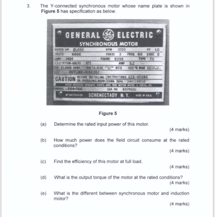 Solved 3. The Y-connected synchronous motor whose name plate | Chegg.com