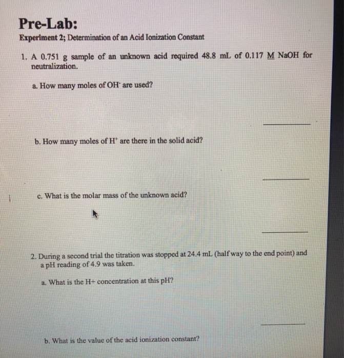 Solved Pre Lab Experiment 2 Determination Of An Acid Chegg