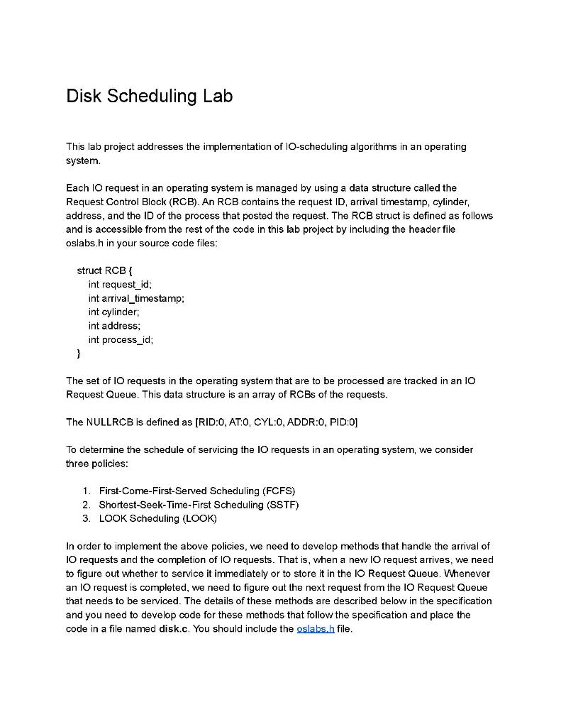 Disk Scheduling Lab This lab project addresses the | Chegg.com