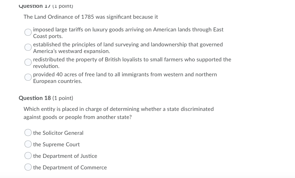 Solved Question 1/ (1 point) The Land Ordinance of 1785 was | Chegg.com