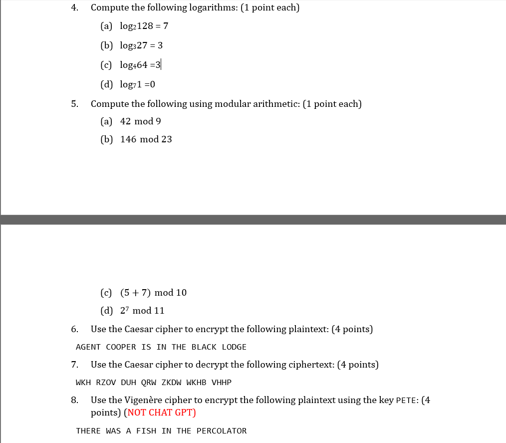 Solved Compute the following logarithms: (1 ﻿point | Chegg.com