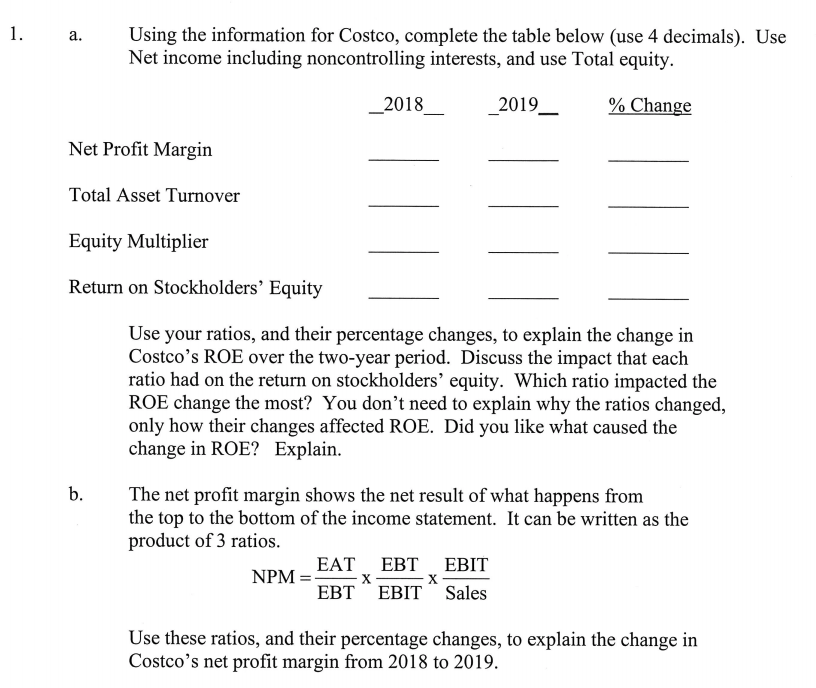 Solved 1. a. Using the information for Costco, complete the | Chegg.com