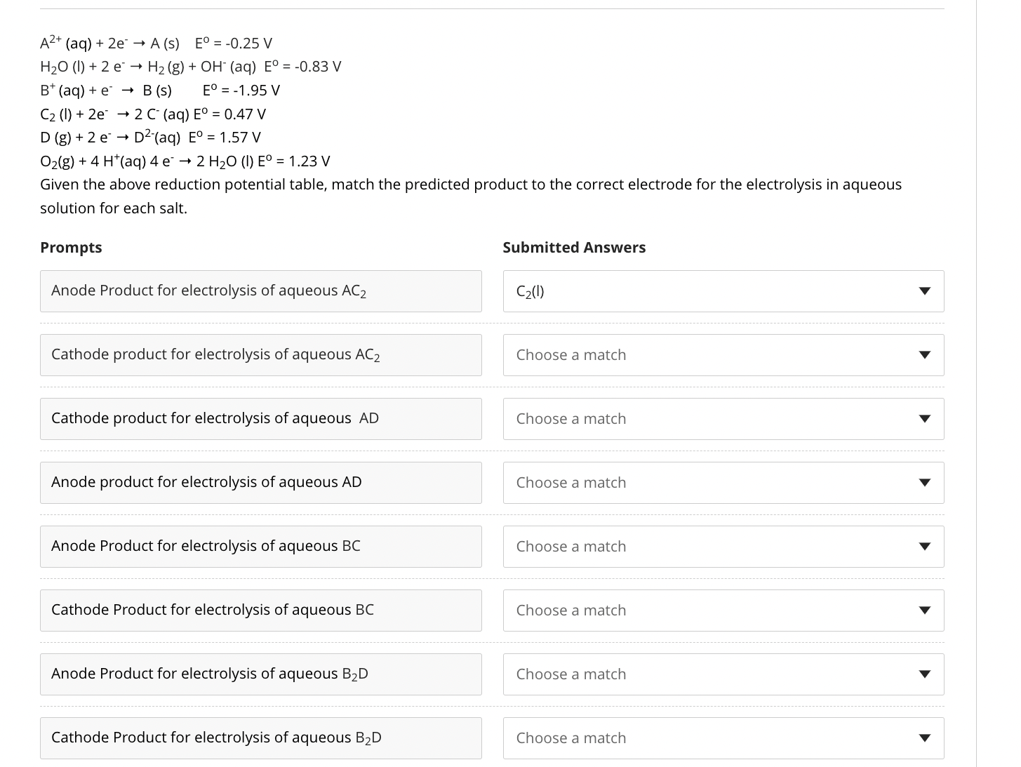 Solved A2+(aq)+2e−→A(s)E∘=−0.25 VH2O(l)+2e−→H2( | Chegg.com