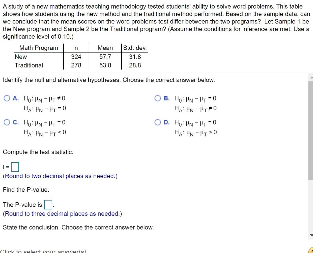 Solved A study of a new mathematics teaching methodology | Chegg.com