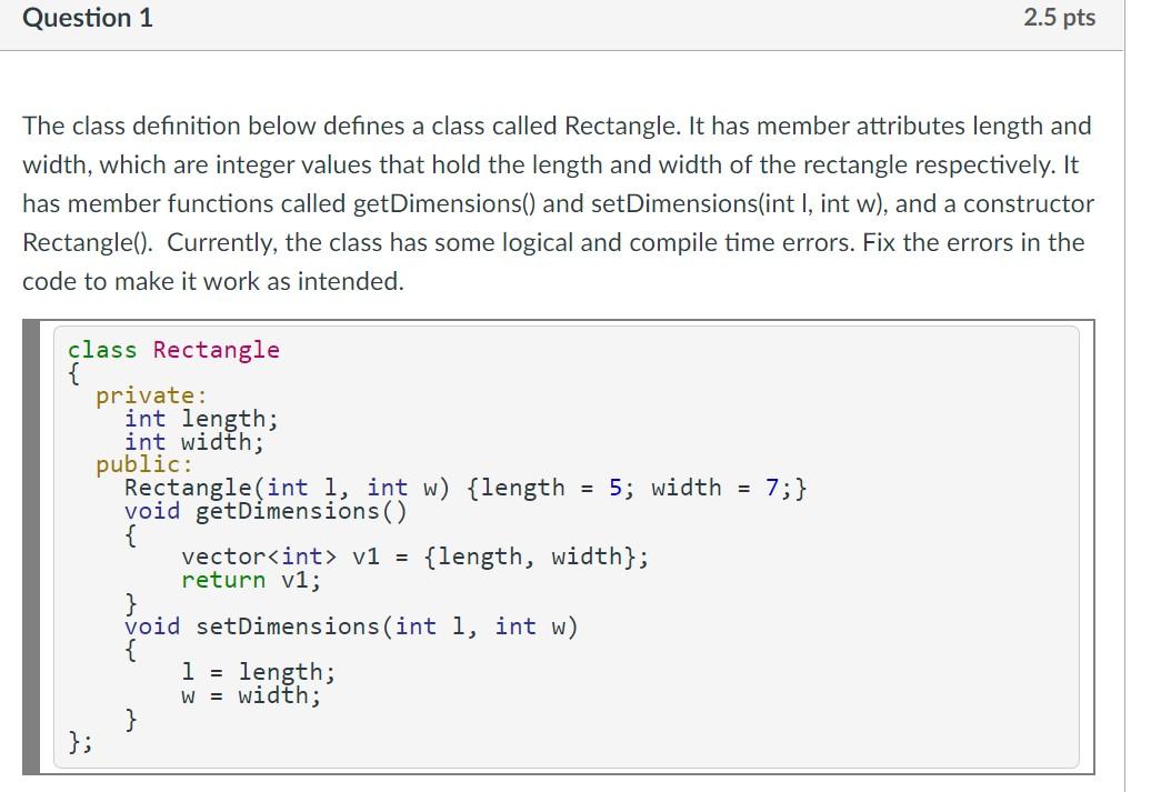 Solved Question 1 2.5 pts The class definition below defines | Chegg.com