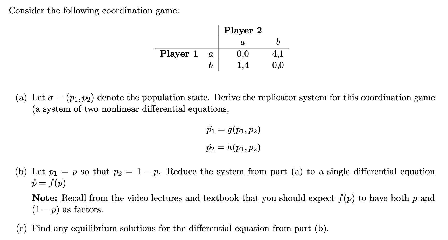 Consider the following coordination game: Player 2 a | Chegg.com
