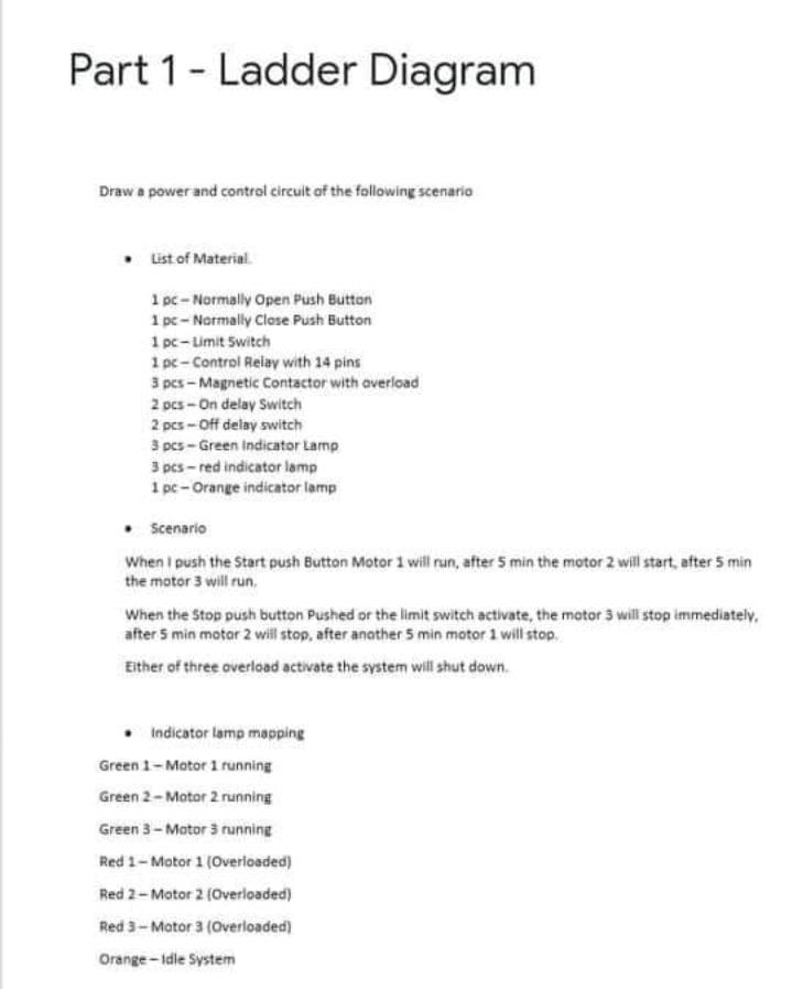 Solved Part 1 - Ladder Diagram Draw a power and control | Chegg.com