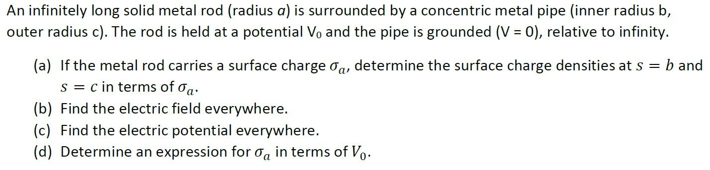 Solved An infinitely long solid metal rod (radius a ) is | Chegg.com