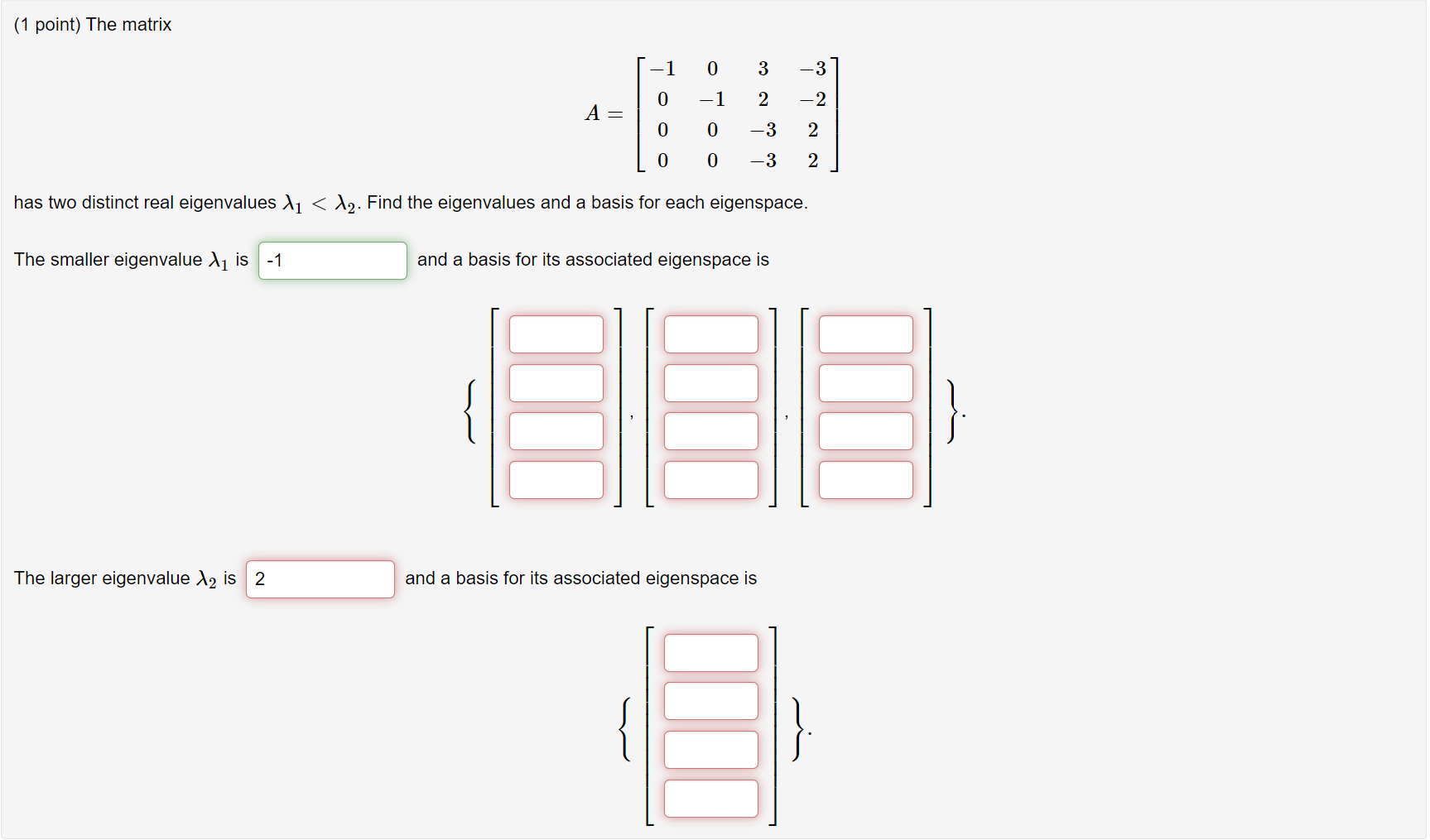 Solved (1 point) The matrix A=⎣⎡−10000−10032−3−3−3−222⎦⎤ has | Chegg.com