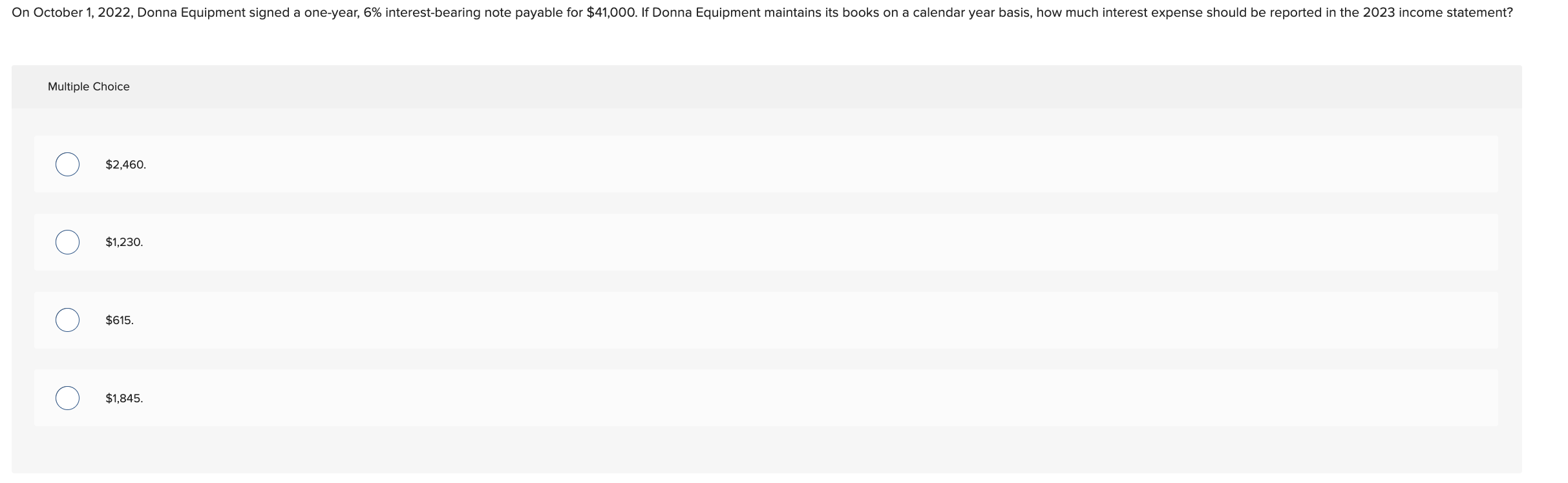 Solved Multiple Choice $2,460. $1,230. $615. $1,845. | Chegg.com