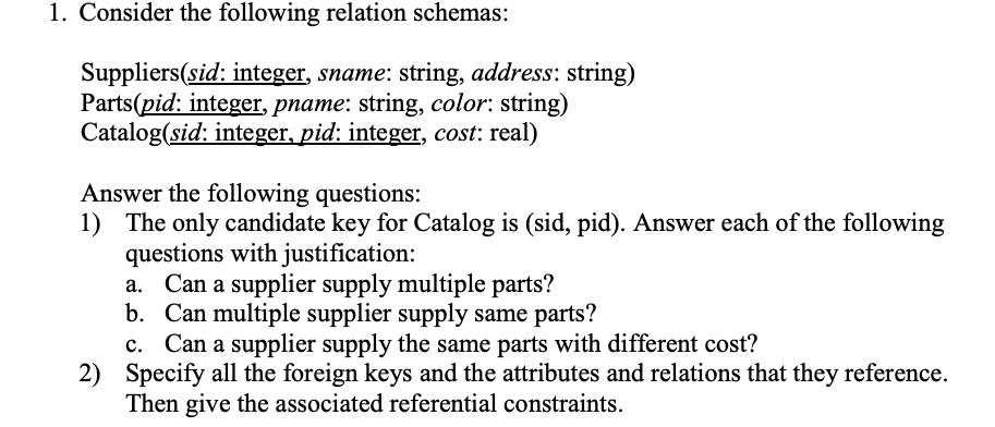 Solved 1. Consider the following relation schemas: | Chegg.com