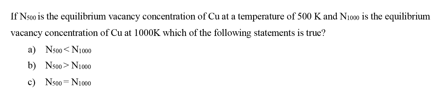 Solved If N5oo is the equilibrium vacancy concentration of | Chegg.com