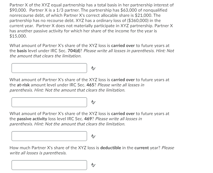 Solved Partner x ﻿of the xYZ ﻿equal partnership has a total | Chegg.com