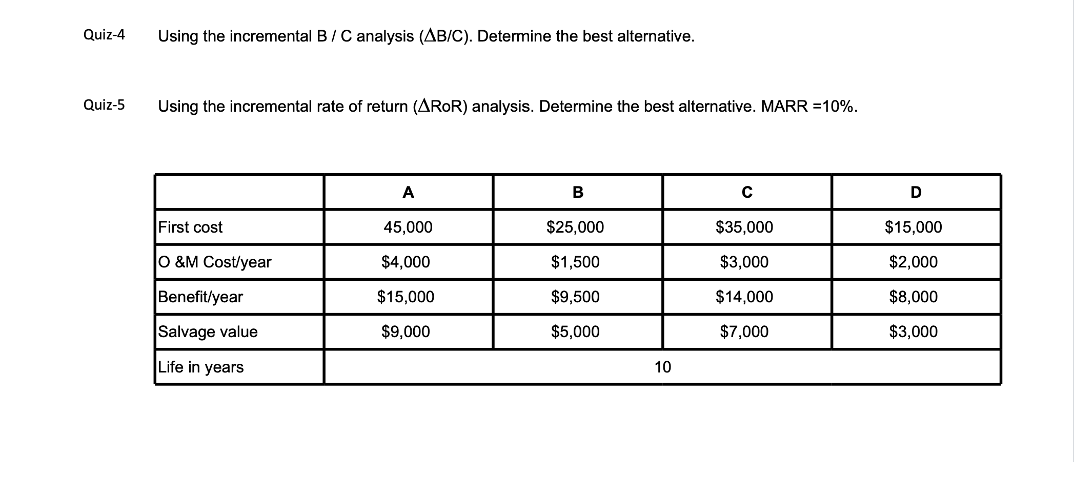 Solved uiz-4 Using the incremental B/C analysis ( B/C). | Chegg.com