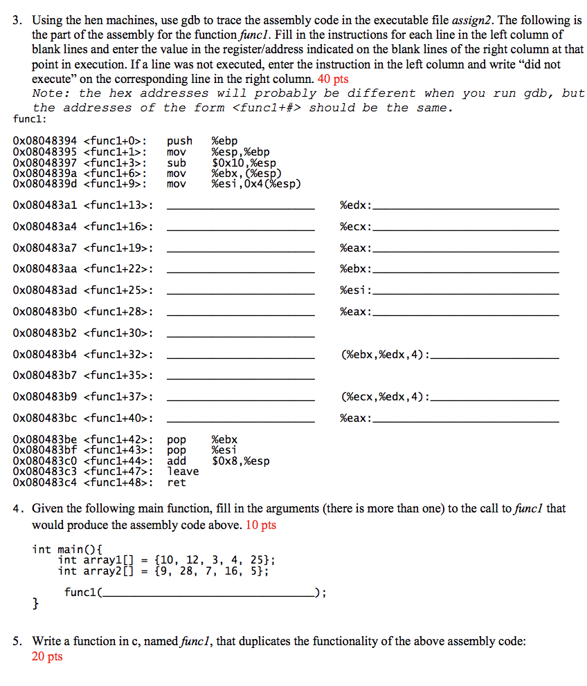 3. Using the hen machines, use gdb to trace the | Chegg.com