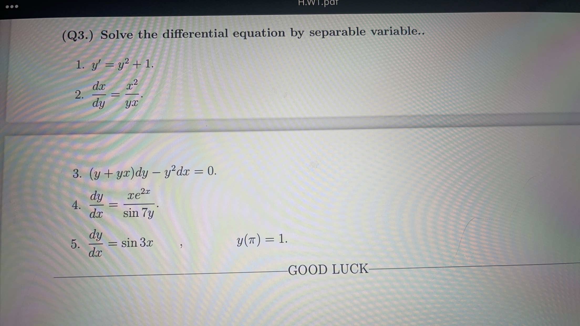 Solved (Q3.) Solve the differential equation by separable | Chegg.com