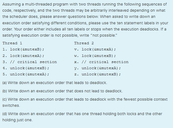 Solved Assuming a multi-threaded program with two threads | Chegg.com