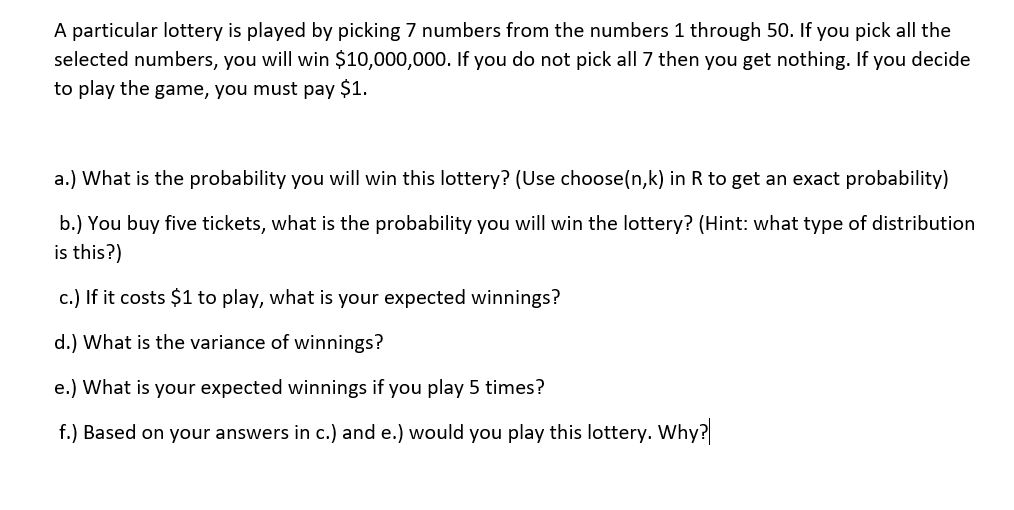 Solved A particular lottery is played by picking 7 numbers | Chegg.com