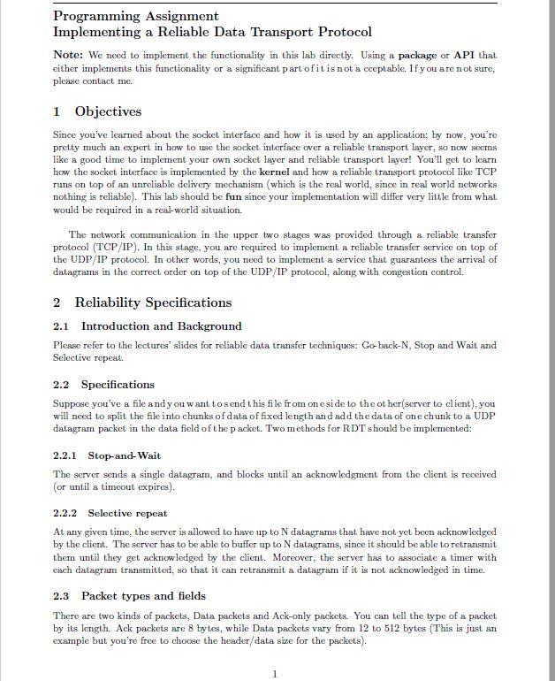 Programming Assignment Implementing a Reliable Data | Chegg.com