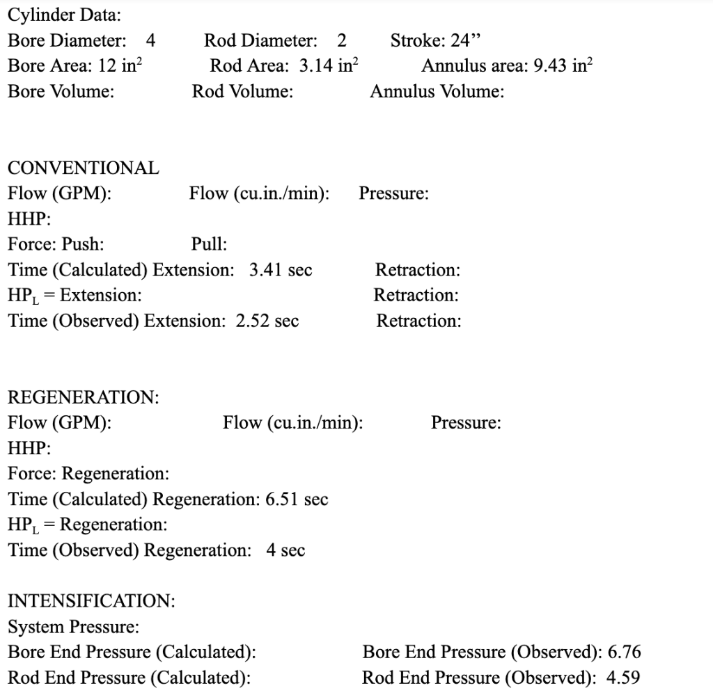 Cylinder Data: Bore Diameter: 4 Bore Area: 12 in 2 | Chegg.com