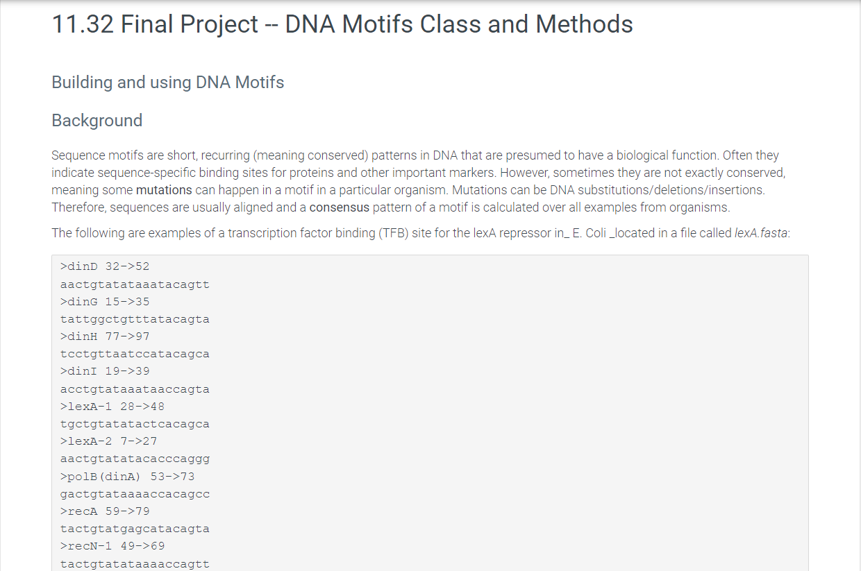 Solved 11.32 Final Project -- DNA Motifs Class and Methods | Chegg.com