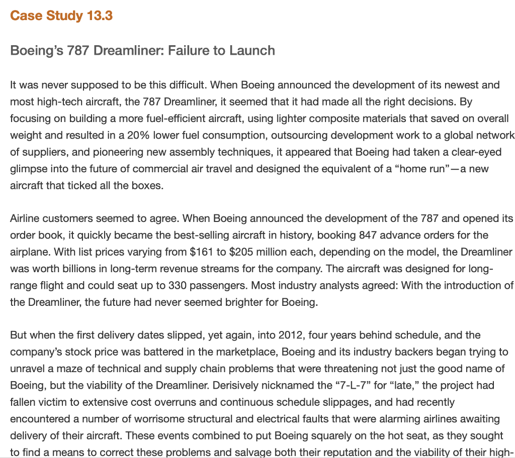 Solved Case Study 13.3 Boeing's 787 Dreamliner: Failure to | Chegg.com