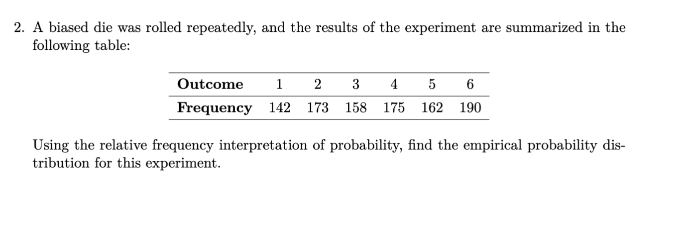 Solved A biased die was rolled repeatedly, and the results | Chegg.com