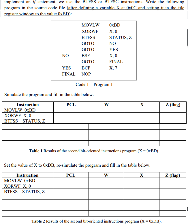 implement an if statement, we use the BTFSS or BTFSC | Chegg.com