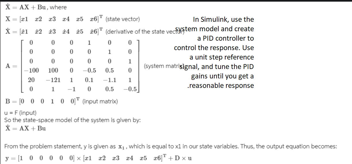 Solved X˙=AX+Bu, where X=[x1x2x3x4x5x6]T (state vector) | Chegg.com
