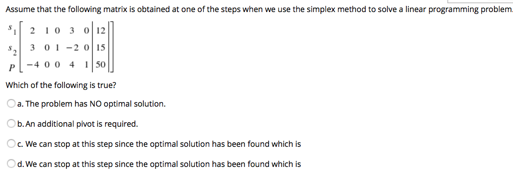Solved Assume that the following matrix is obtained at one | Chegg.com