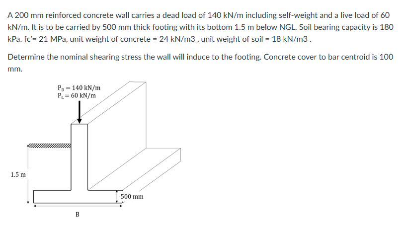 Solved A 200 mm reinforced concrete wall carries a dead load | Chegg.com