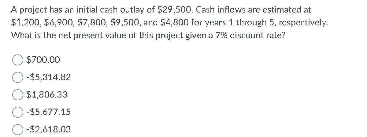 Solved A project has an initial cash outlay of $29,500. Cash | Chegg.com