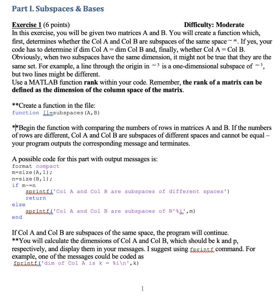 Part I. Subspaces & Bases Exercise 1 (6 points) | Chegg.com