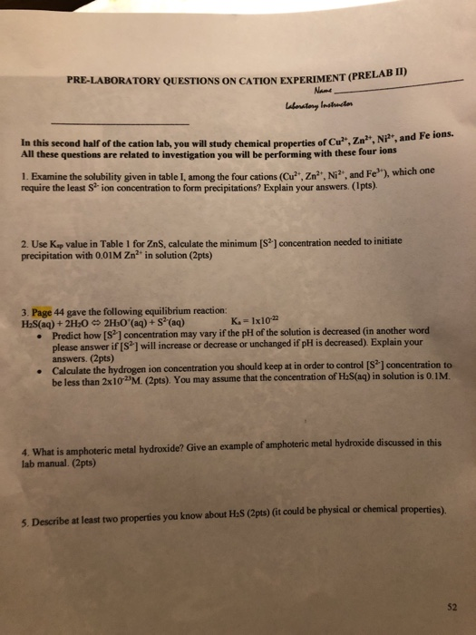 Solved PRE-LABORATORY QUESTIONS ON CATION EXPERIMENT (PR In | Chegg.com