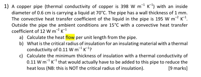 Solved 1) A copper pipe (thermal conductivity of copper is | Chegg.com