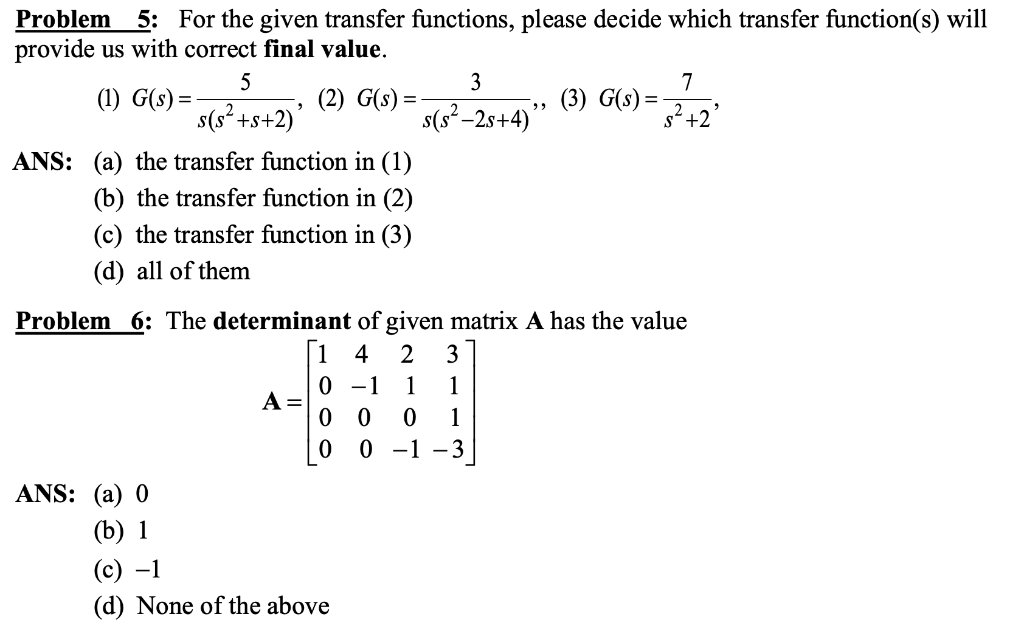 Solved = 9 22 Problem 5: For the given transfer functions, | Chegg.com