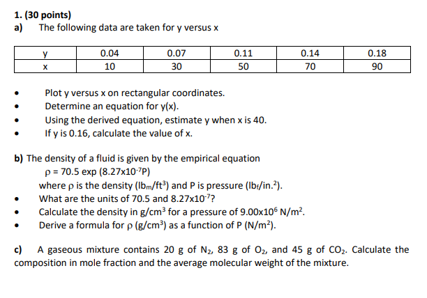 Solved 1. (30 points) a) The following data are taken for y | Chegg.com