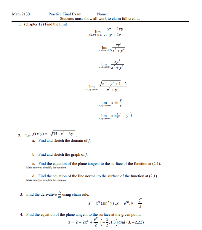 Math 2130 Practice Final Exam Name: Students must | Chegg.com