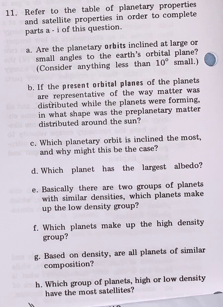 Solved 11. Refer to the table of planetary properties and | Chegg.com