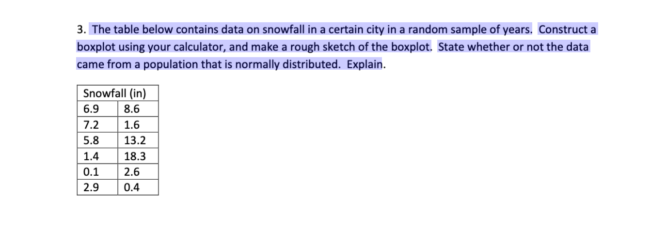 Solved 3. The table below contains data on snowfall in a | Chegg.com