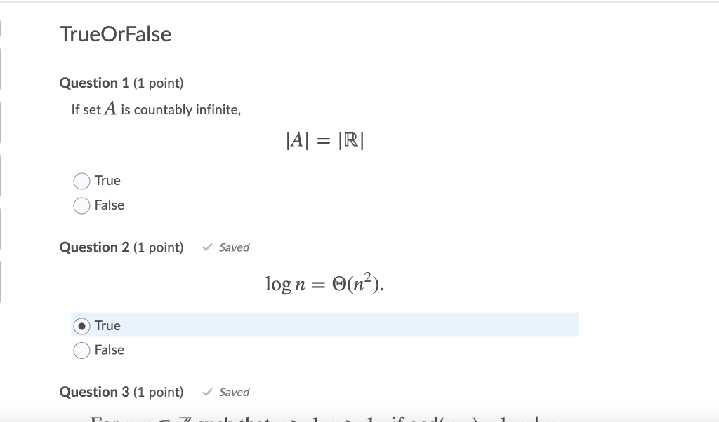 Solved TrueOrFalse Question 1 (1 point) If set A is | Chegg.com