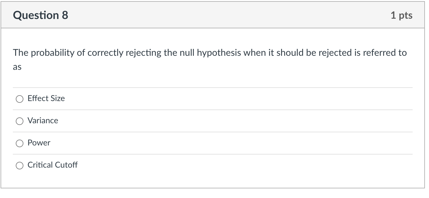 Solved The probability of correctly rejecting the null | Chegg.com