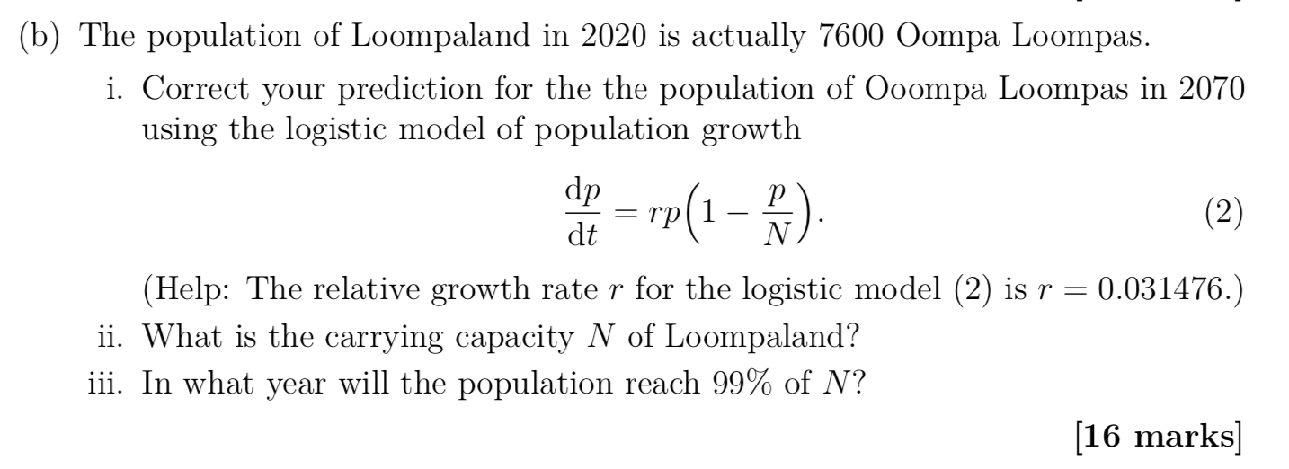 (b) The population of Loompaland in 2020 is actually | Chegg.com