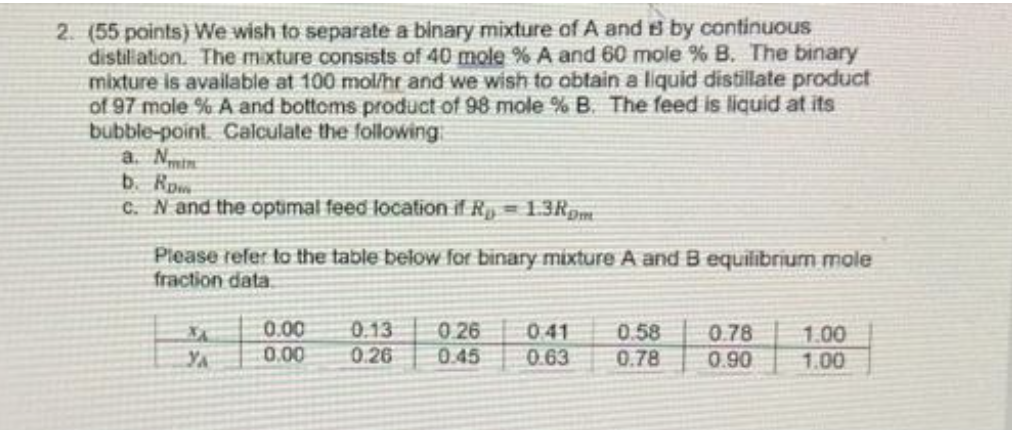 Solved 2. (55 points) We wish to separate a binary mixture | Chegg.com