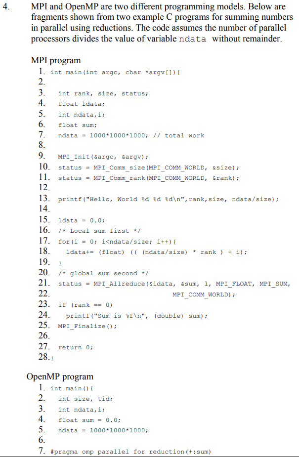 Solved 4. MPI and OpenMP are two different programming | Chegg.com